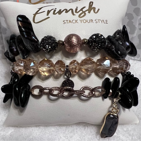 Erimish | Jewelry | Erimish Bracelets 3 Pc Stack Black Natural Sea Shell Rose Gold | Poshmark